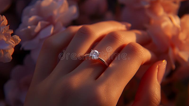 A Close-up of a Hand Placing a Diamond Ring on a Finger, with a Soft ...