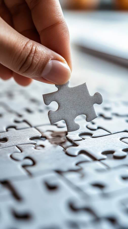 Close-up of a Hand Placing the Final Piece into a White Puzzle during a ...
