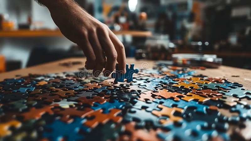 Close Up of a Hand Placing a Puzzle Piece in a Partially Completed ...