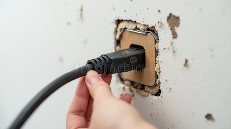 Close-Up of Hand Plugging Electrical Cord into Partially Exposed Wall ...