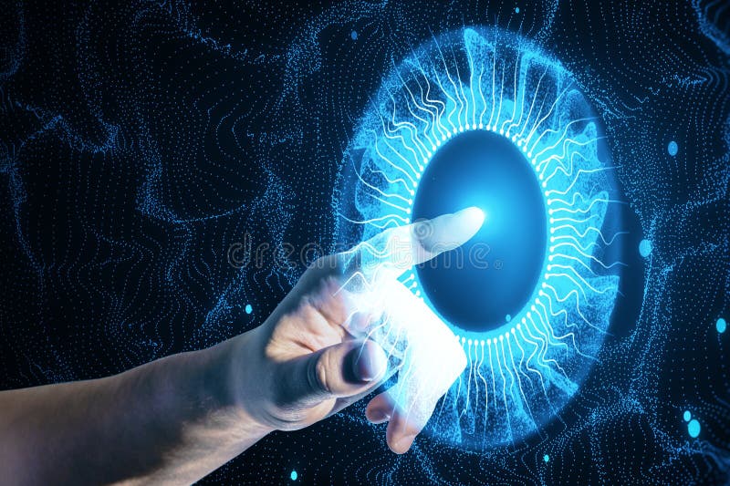 Close Up of Hand Pointing at Abstract Digital Eye Iris on Blurry Tech ...