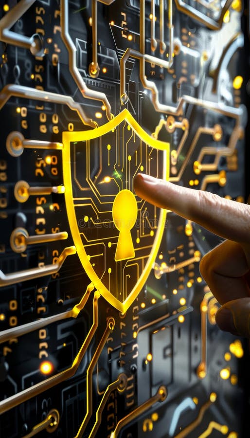 Close Up of a Hand Pointing at a Bright Cybersecurity Shield on a ...