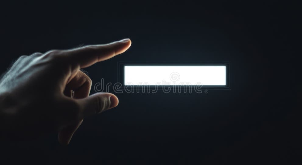 Hand Pointing at Glowing Rectangular Shape in Dark Background Stock ...