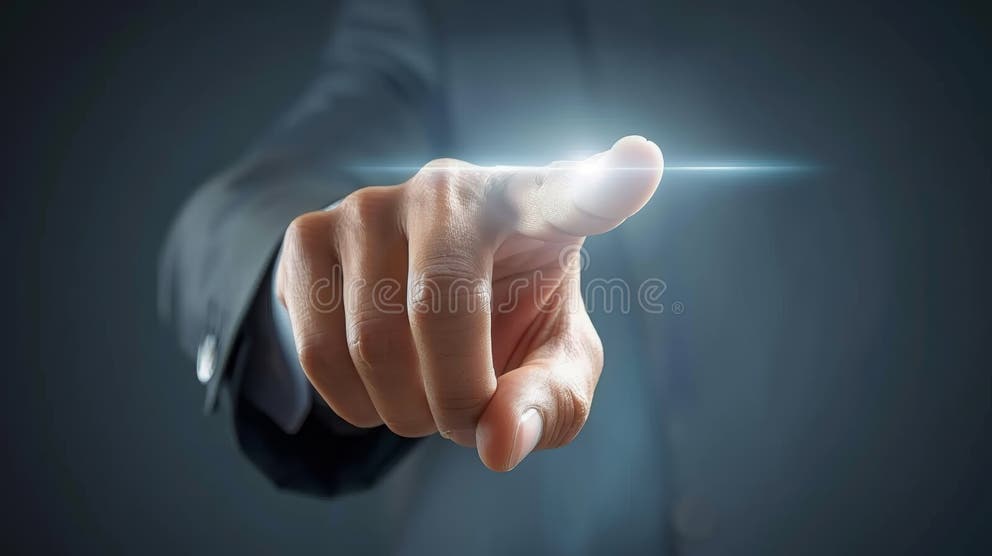 Close-up of a Hand Pointing at the Camera with a Glowing Fingertip ...