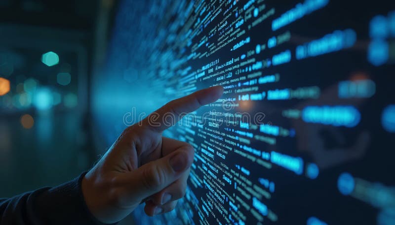 A Hand Interacting with a Digital Screen Displaying Code. Generative AI Stock Illustration ...