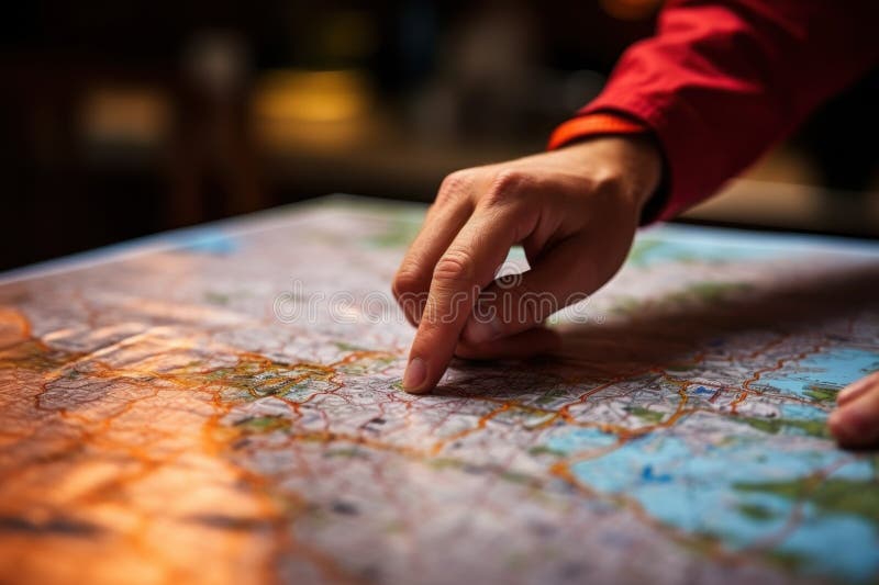 Close Up Hand is Pointing Direction To a Map on a Piece of Paper ...