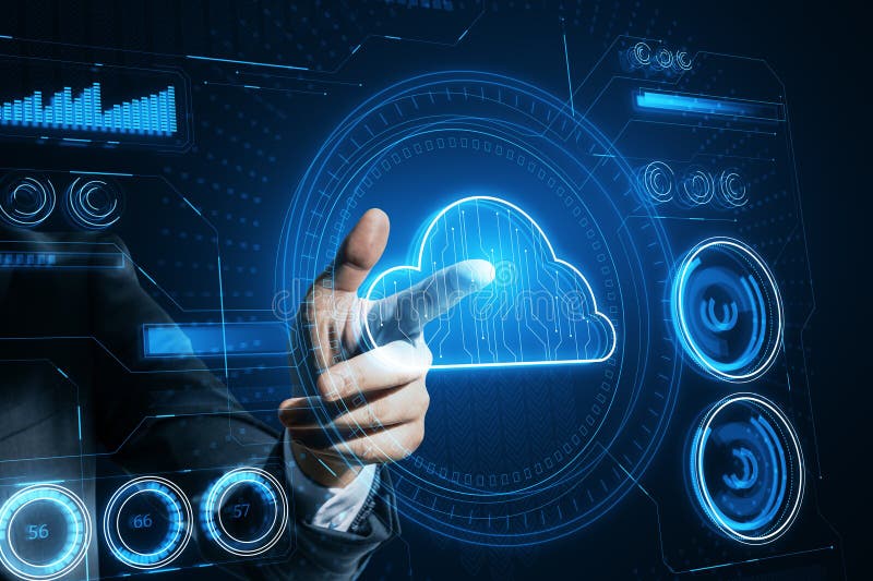Close Up of Hand Pointing at Glowing Cloud Computing Hologram on ...