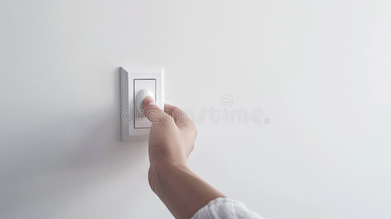 Close-up of a Hand Pressing a Light Switch on a White Wall ...