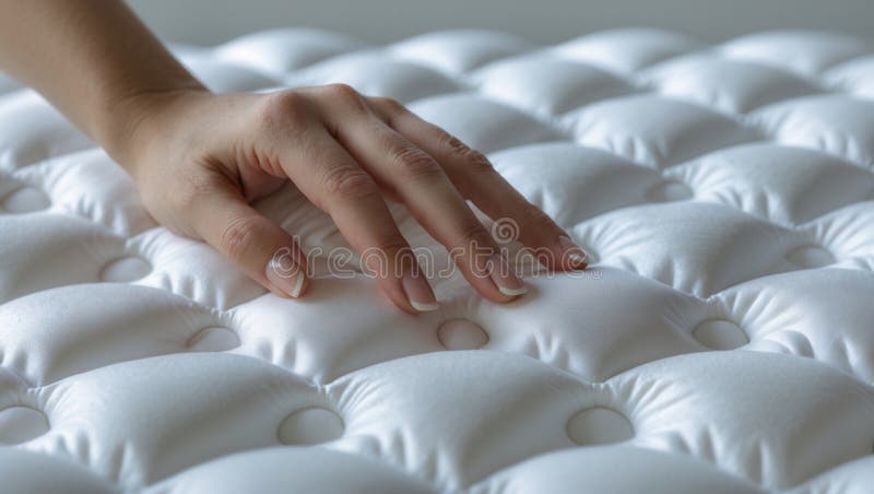 Close-up of a Hand Pressing a Soft White Mattress Surface, Showcasing ...