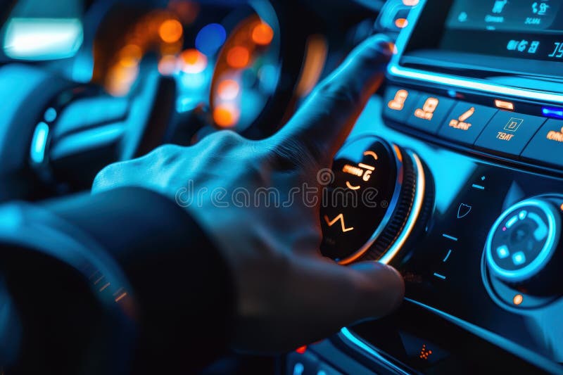 Modern Car Start Button Press with Illuminated Dashboard in Close-Up ...