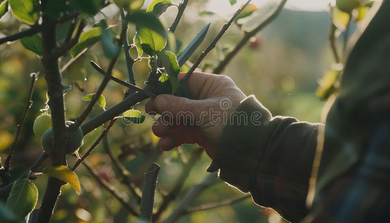 Close-up of Hand with Pruner Cutting Branch of Apple Tree in Orchard ...