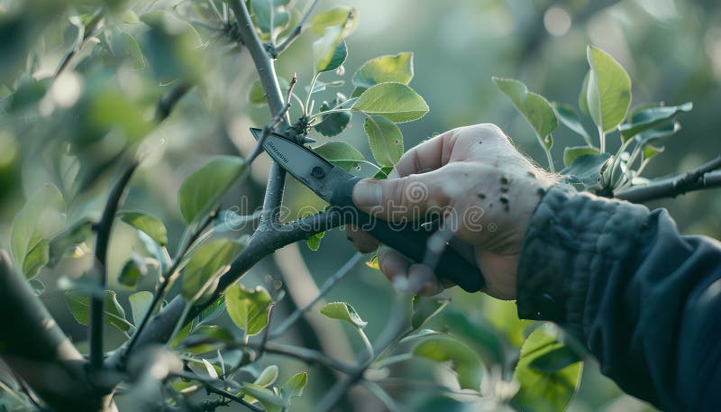 Close-up of Hand with Pruner Cutting Branch of Apple Tree in Orchard ...