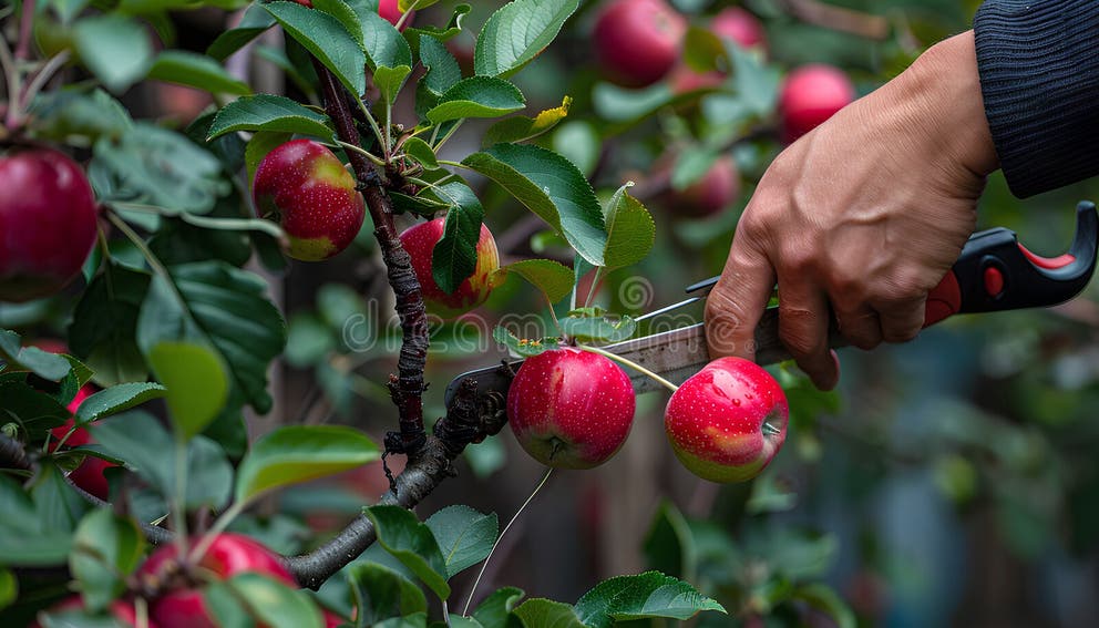 Close-up of Hand with Pruner Cutting Branch of Apple Tree in Orchard ...