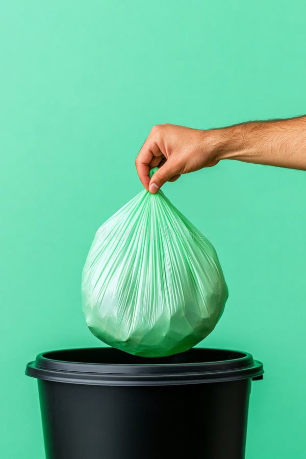 Close-up of a Hand Pulling a Green Garbage Bag from a Black Trash Can ...