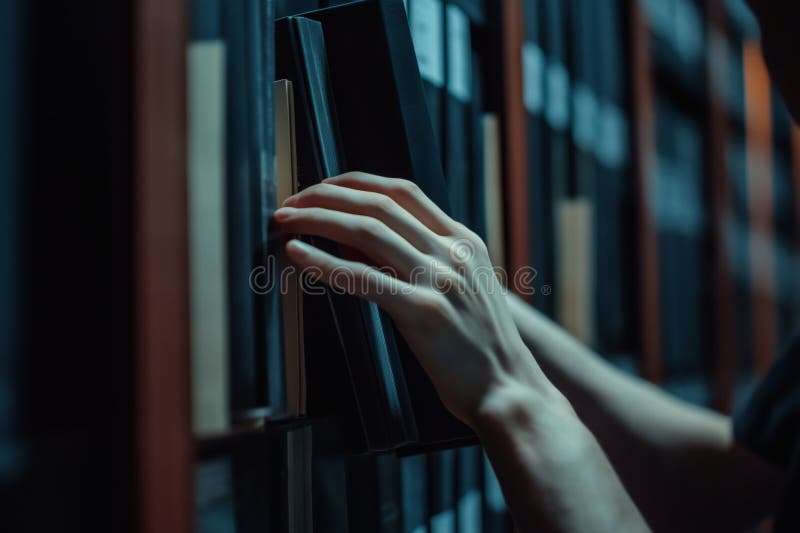 Hand Pulling Black Book in Dimly Lit Library: Focused and Dramatic ...