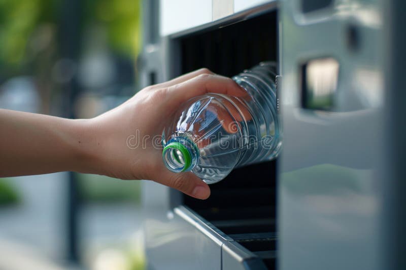 Close Up of Hand Putting Plastic Bottle To Recycling Machine Stock ...