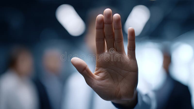 A Close-up of a Hand Raised in a Stop Gesture Against a Blurred ...