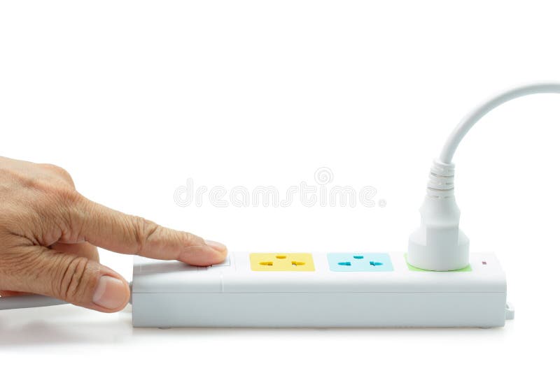 Close-up, Hand-ready To Turn on the Switch for Power Strip on White ...