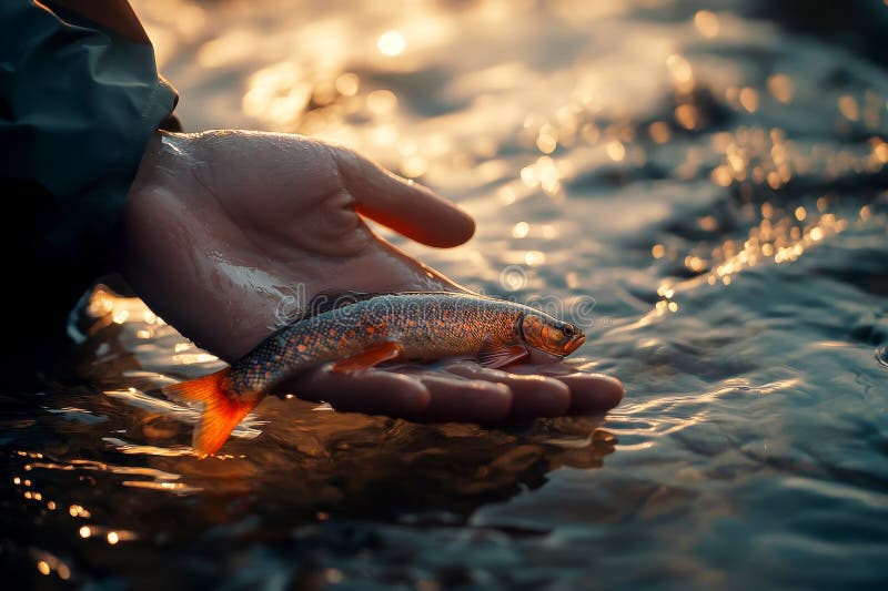 Close-up of a Hand Releasing a Fish into the Water. Stock Photo - Image ...