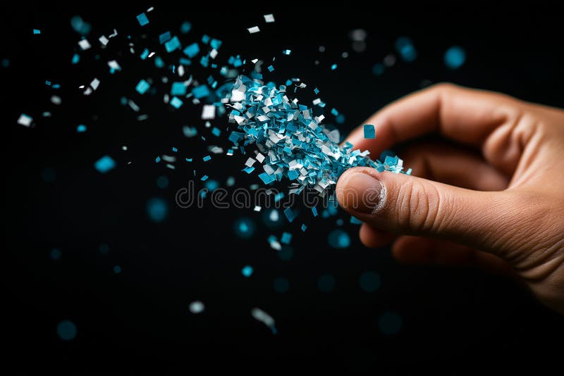 Close Up of Hand Releasing Microplastic Particles in Blue and White ...