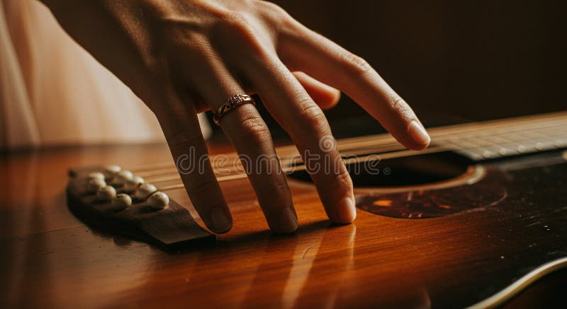 Close Up of a Hand with a Ring Playing a Guitar with Brown Shades and ...