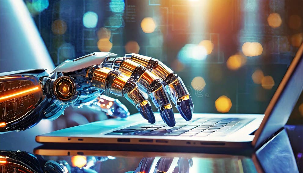 Hand of a Robot Cyborg Using a Laptop Computer - Generative Ai Stock ...