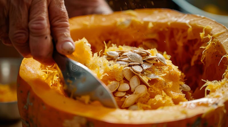 Close-up of Hand Scooping Seeds and Pulp from Pumpkin with Spoon, Clean ...
