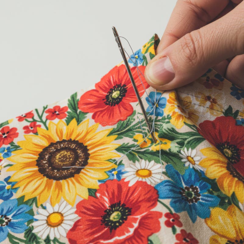 Close Up of Hand Sewing Floral Fabric Stock Illustration - Illustration ...