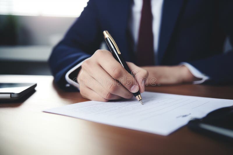 Close Up a Hand Signing the Document at the Table on Office Room Stock ...