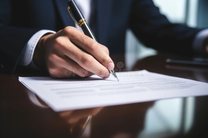 Close Up a Hand Signing the Document at the Table on Office Room Stock ...