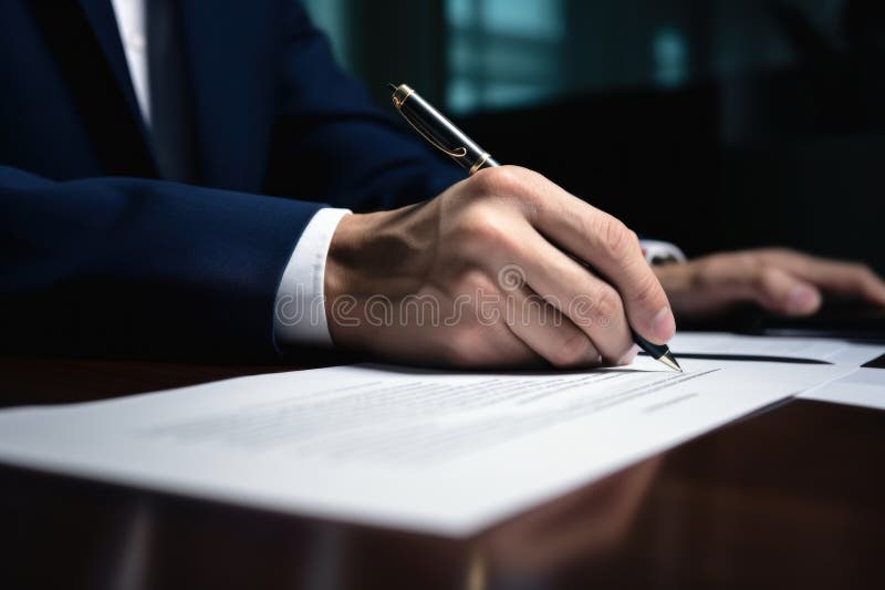 Close Up a Hand Signing the Document at the Table on Office Room Stock ...