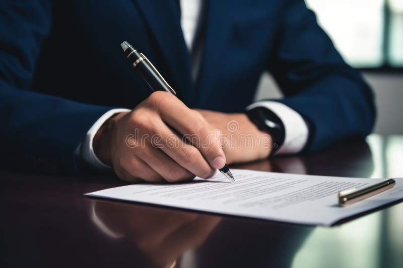 Close Up a Hand Signing the Document at the Table on Office Room Stock ...