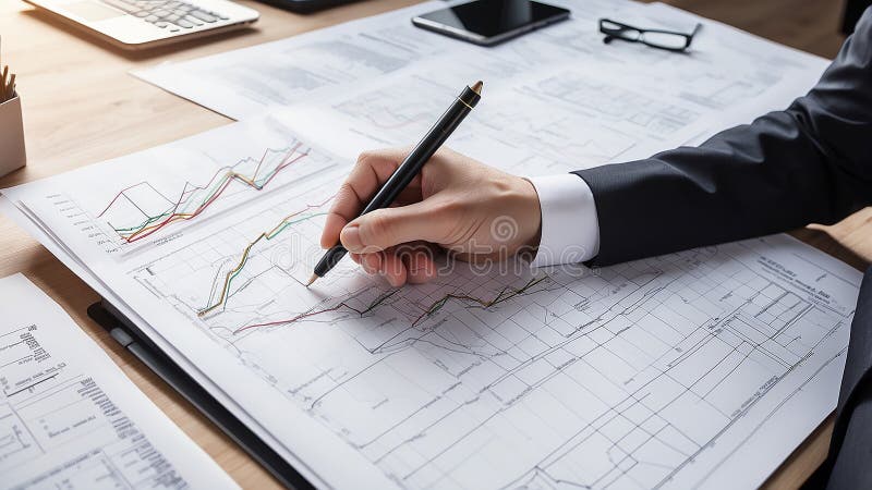 Hand of Businessman Drawing Graphs. Logistics Plans, Manages Inventory ...