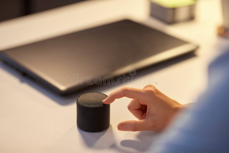 Close Up of Hand with Smart Speaker at Office Stock Image - Image of ...