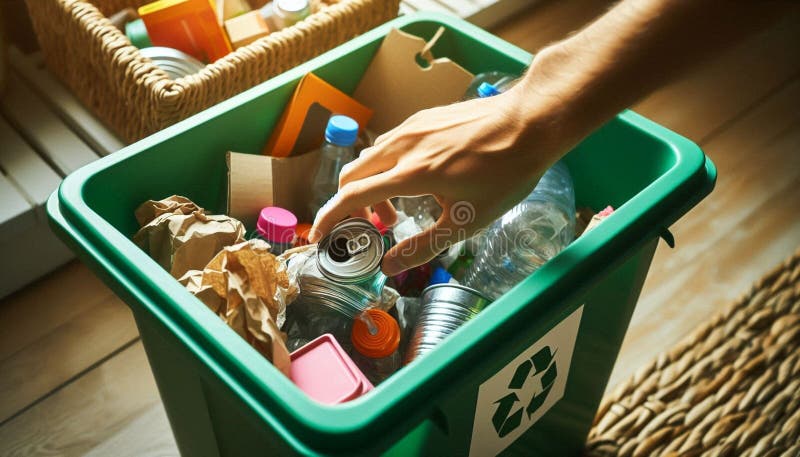 Close-Up of a Hand Sorting Recyclable Materials in a Home Recycling Bin ...
