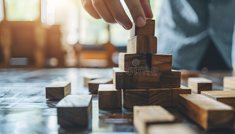Close Up Hand Stacking Wood Blocks, Copy Space and Business Development ...