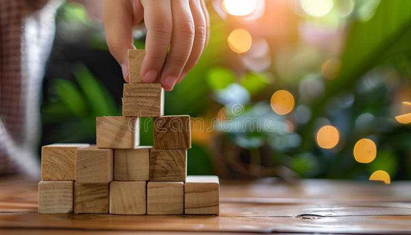 Close Up Hand Stacking Wood Blocks, Copy Space and Business Development ...