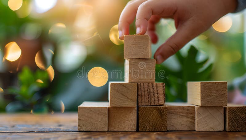 Close Up Hand Stacking Wood Blocks, Copy Space and Business Development ...