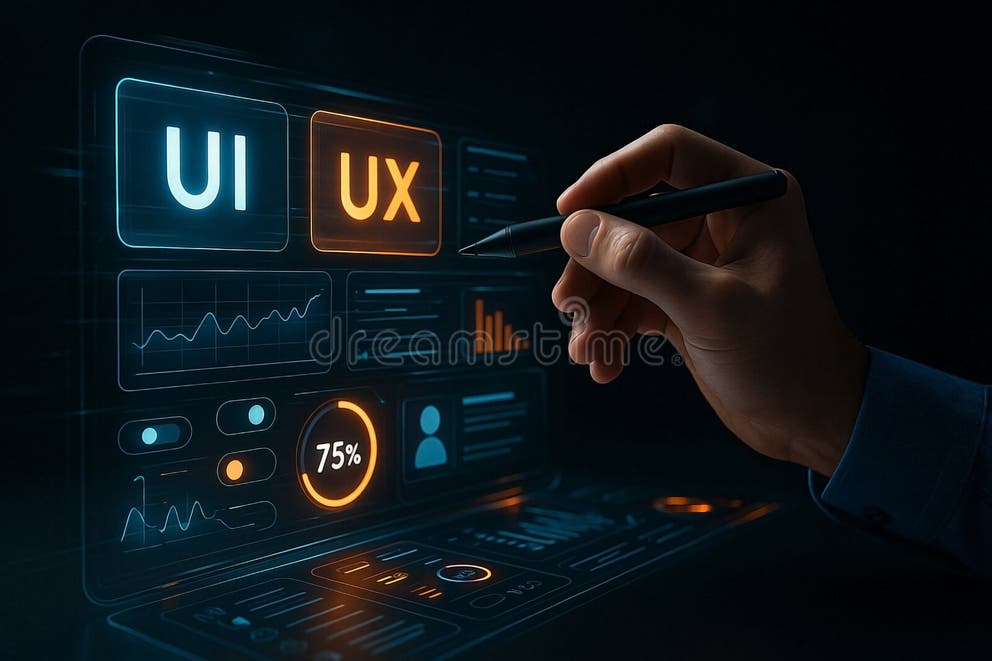 Close-up of a Hand with Stylus Interacting with Futuristic UI UX ...