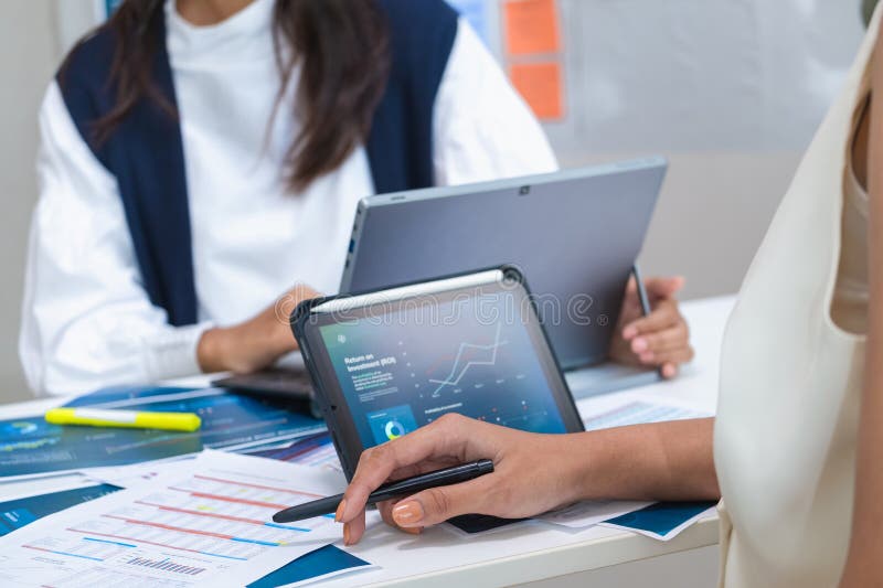 Close Up Hand Team of Financial Discussion Fintech Technology Planning ...