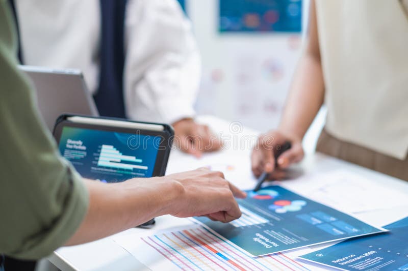 Close Up Hand Team of Financial Discussion Fintech Technology Planning ...