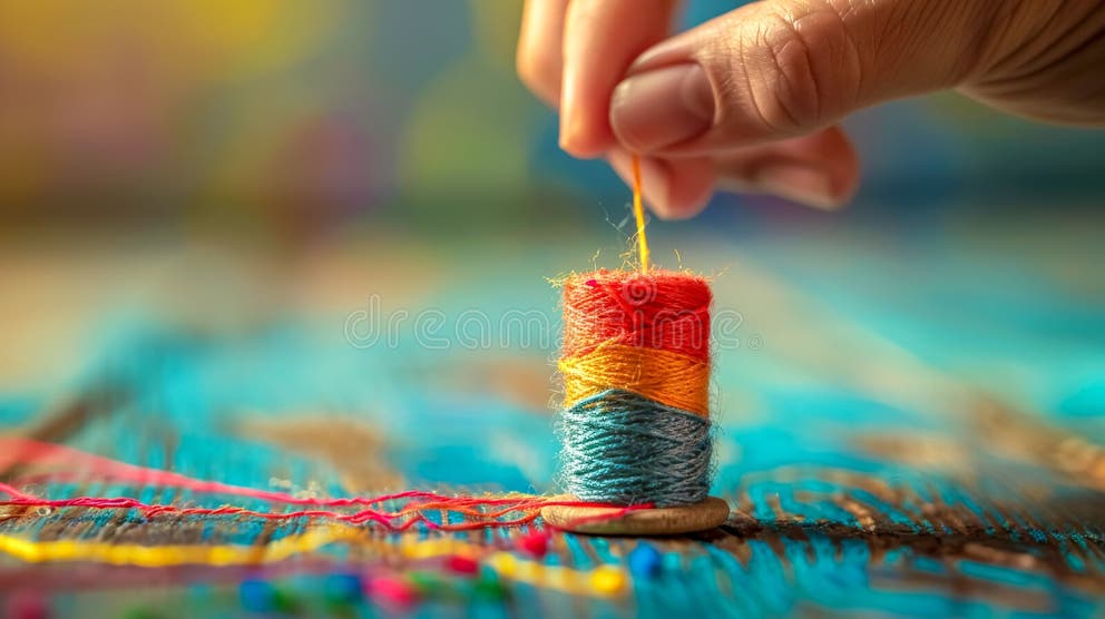 Hand Threading Needle on Vibrant Spool Background Stock Photo - Image ...