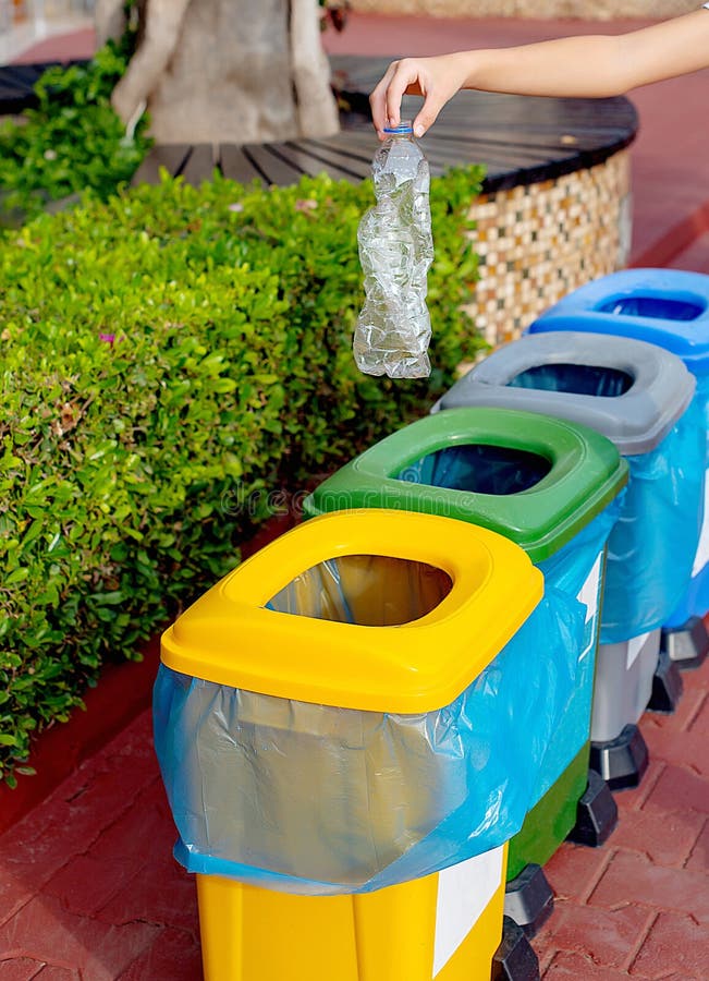 Close Up Hand Throwing Plastic Bottle Recycling Container Garbage ...