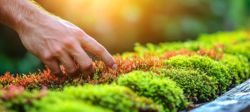 Close-up of a Hand Touching Bright Green Moss Growing in the Cracks of ...
