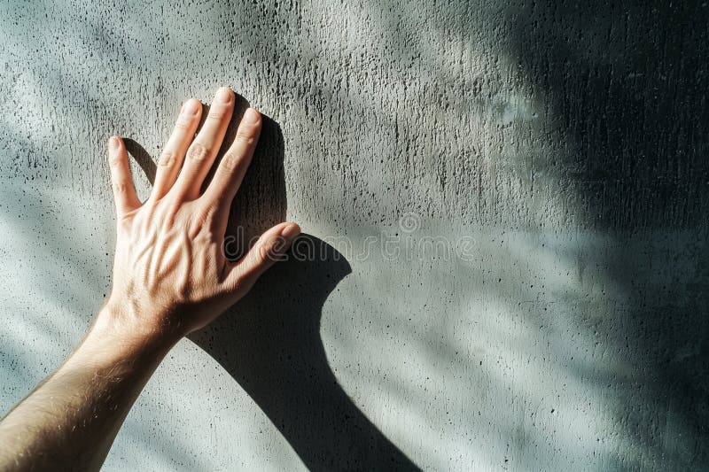 Close-up of a Hand Touching a Concrete Wall, with Light and Shadow ...