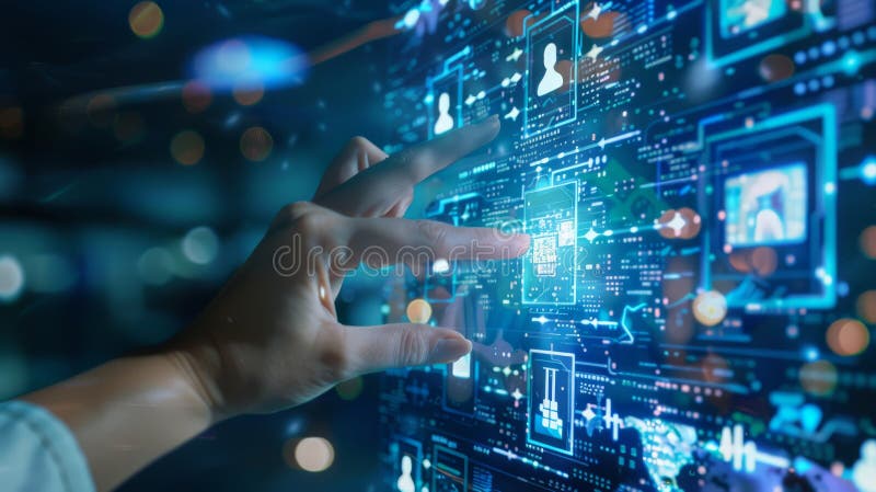 Close-up of a Hand Touching a Digital Screen with Various Icons ...