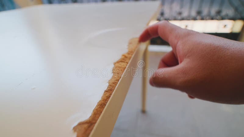 Close-Up of Hand Touching Damaged Table Edge Stock Video - Video of ...