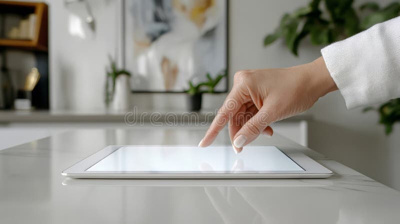 Close-up of a Hand Touching the Edge of a White Glowing Digital Screen ...