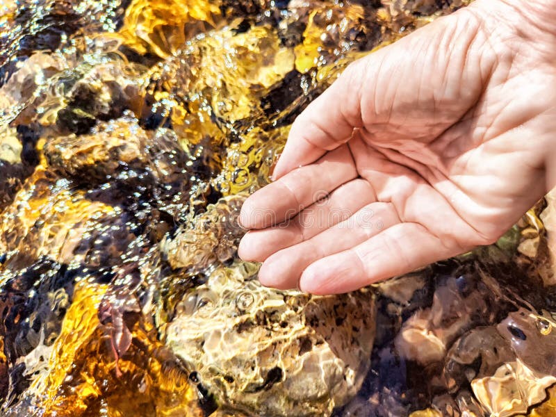 Close-Up of a Hand Touching Flowing Water. Hand Interacting with Water ...