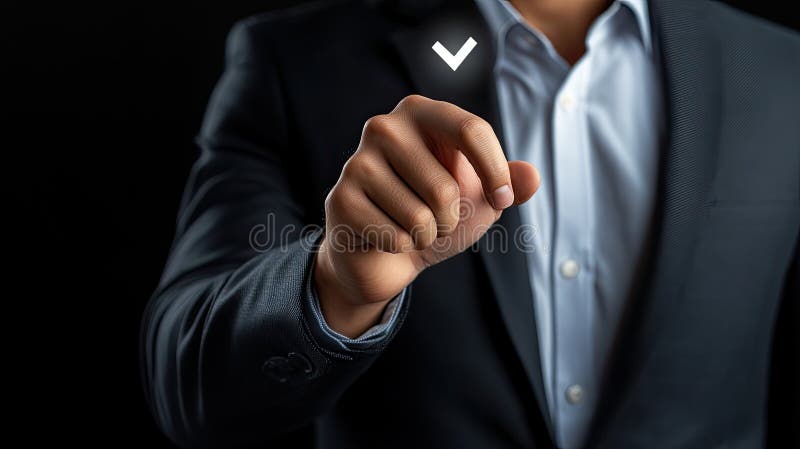Close Up of a Hand Touching a Glowing Check Mark Icon on a Virtual ...